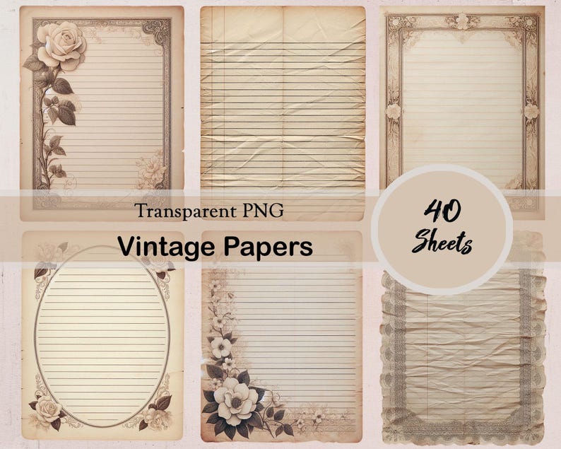 Vintage Papers, 40 Sheets PNG, Printable, Old Paper, Ephemera, Empty ...
