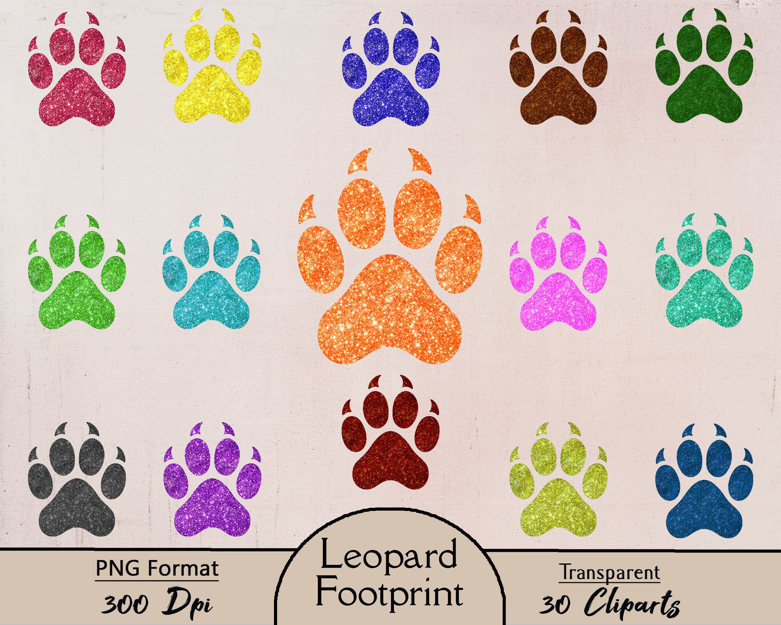 Leopard Footprint, 30 PNG Cliparts, Glitter Footprints, Leopard, Animal ...