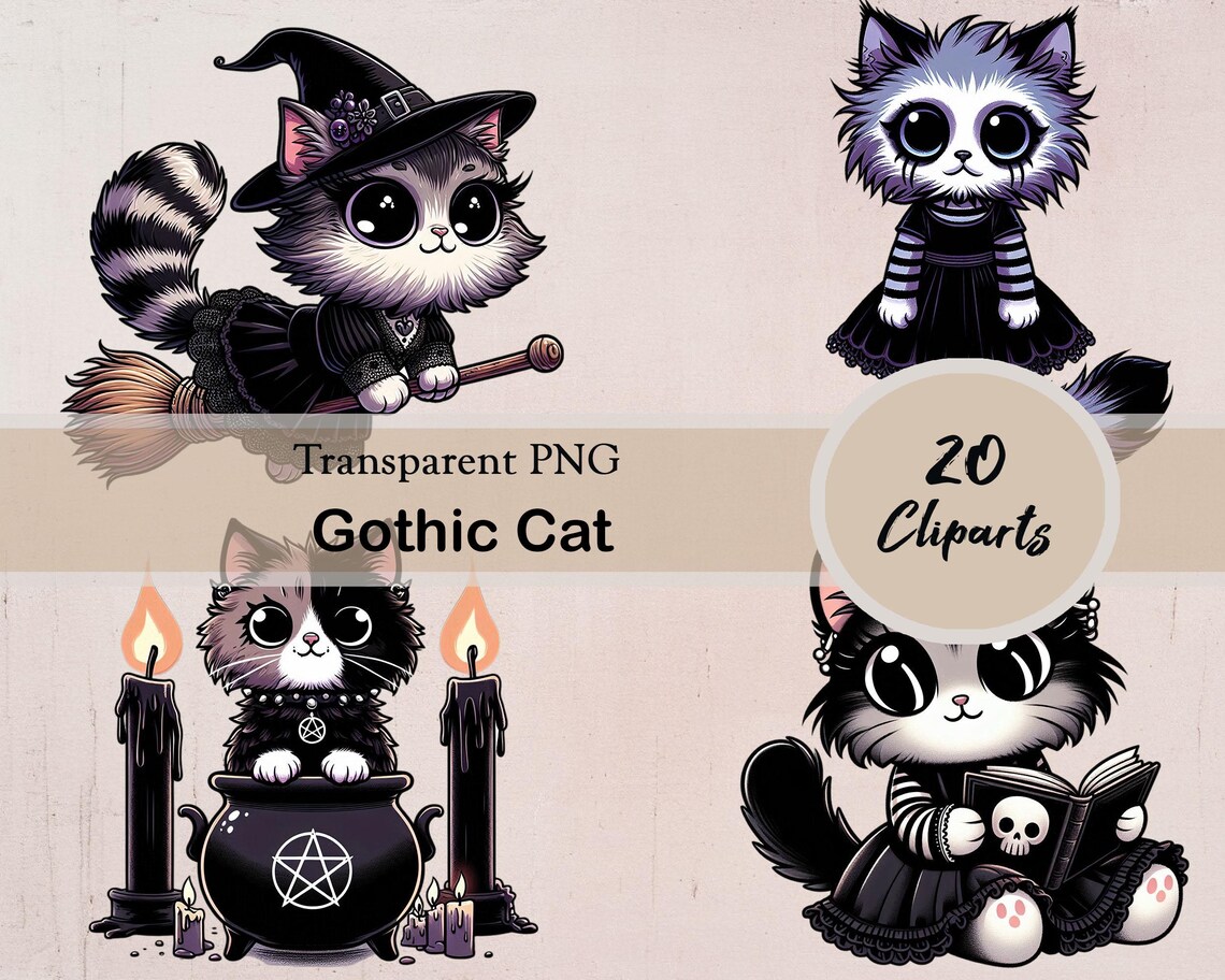 Gothic Cat, 20 PNG Cliparts, Whimsical Cat, Fantasy, Magic, Digital ...