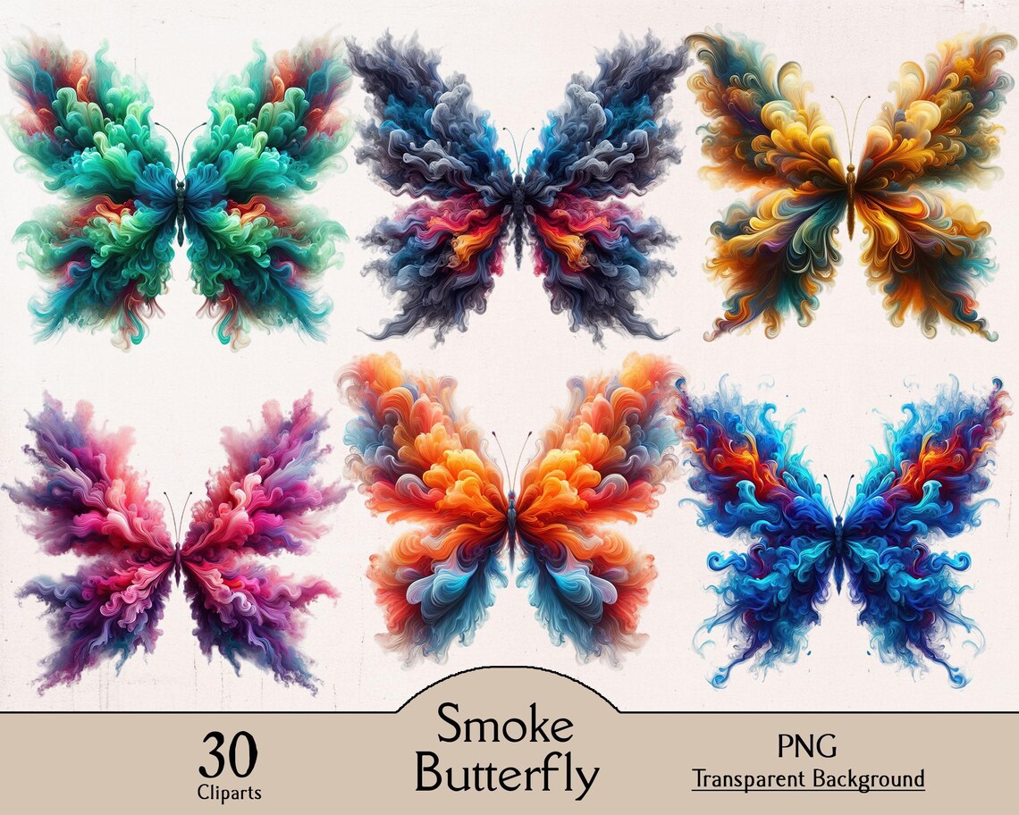 Smoke Butterfly Clipart, 30 PNG Cliparts, Ethereal Smoke Butterfly ...