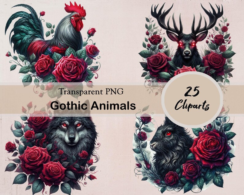Gothic Animals, 25 PNG Cliparts, Watercolor Animals, Watercolor Gothic ...