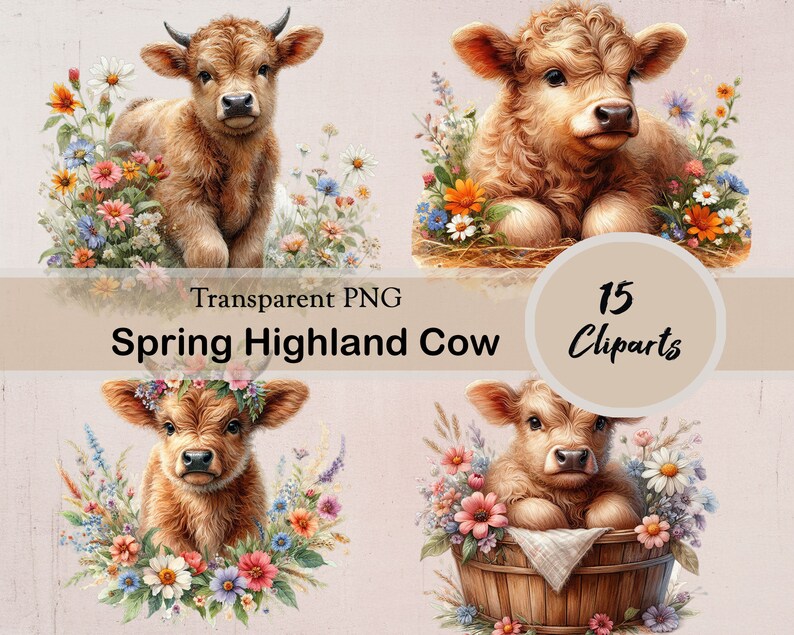 Watercolor Spring Highland Cow, 15 PNG Cliparts, Spring, Floral ...