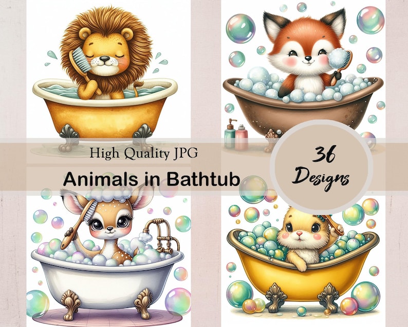 Bathtube Animals, 36 JPG Images, Bubble Bath Animals, Nursery, Wall Art ...