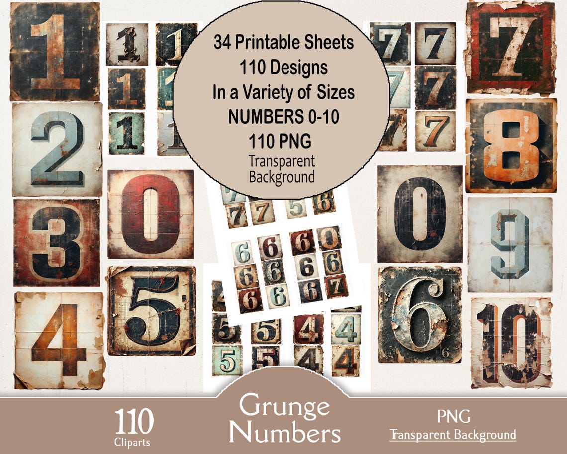 Grunge Numbers, Vintage Labels, 110 PNG Cliparts, Printable Sheets ...