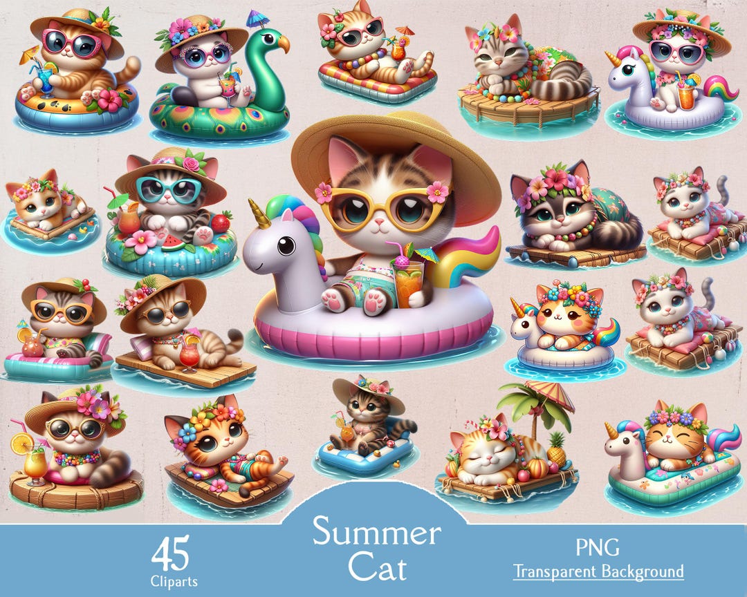 Summer Cat, 45 PNG Cliparts, Summer Cat, Tropical Cat, Digital ...
