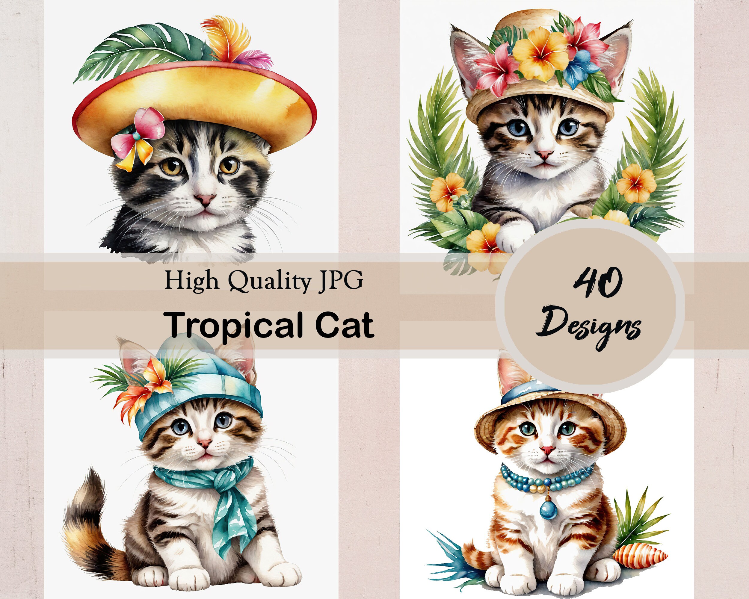 Tropical Cat, 40 JPG Images, Summer Cat, Cute Cat, Kitten, Printable ...