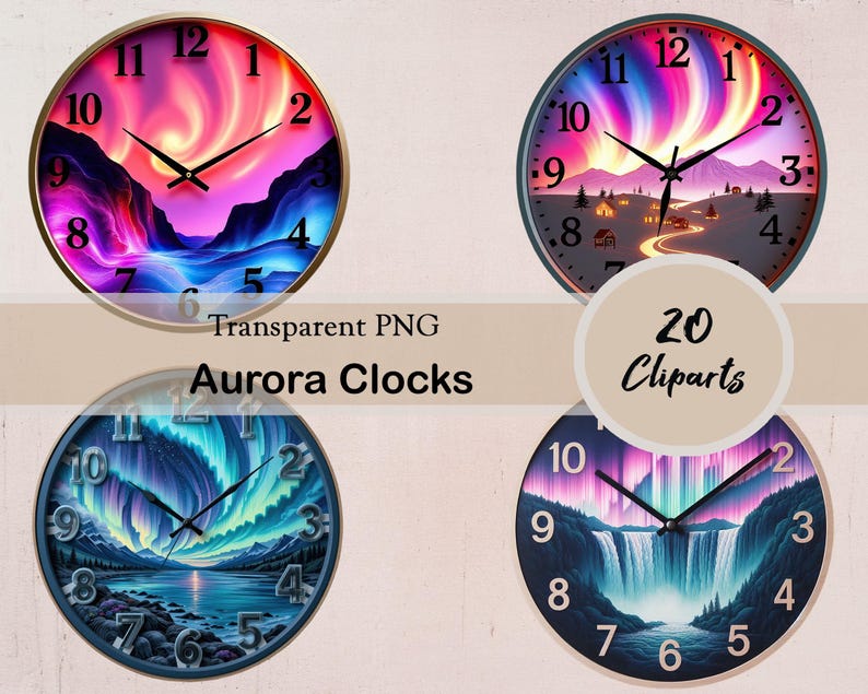 Aurora Clocks, 20 PNG Cliparts, Wall Clock, Wall Decoration, Landscape ...