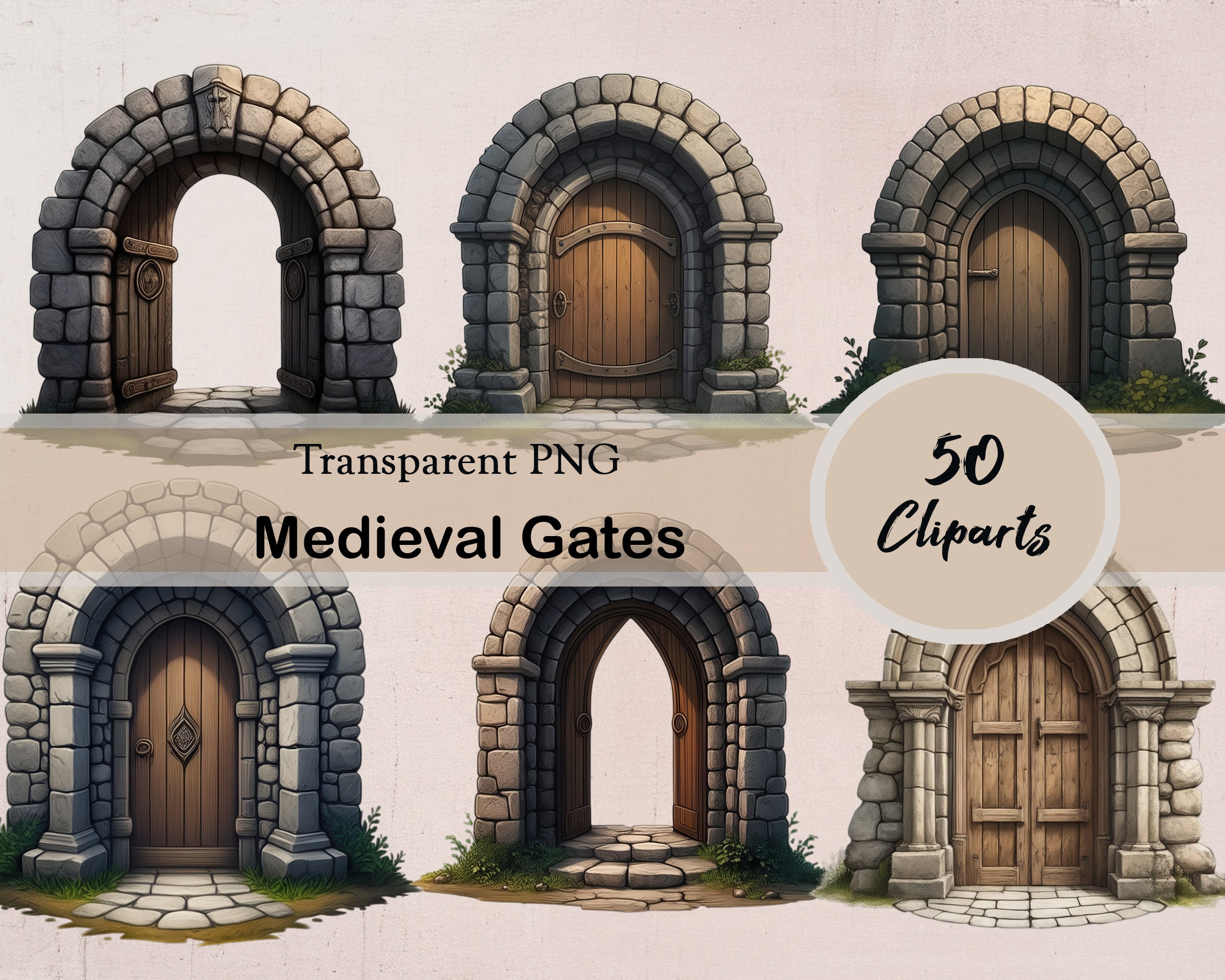 Medieval Gates, 50 PNG Cliparts, Fantasy Wooden Doors, Dungeon Entrance ...