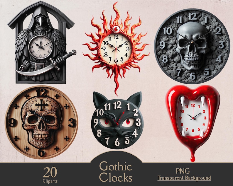 Gothic Clocks, 20 PNG Cliparts, Vintage Clocks, Magic, Clocks, Digital ...