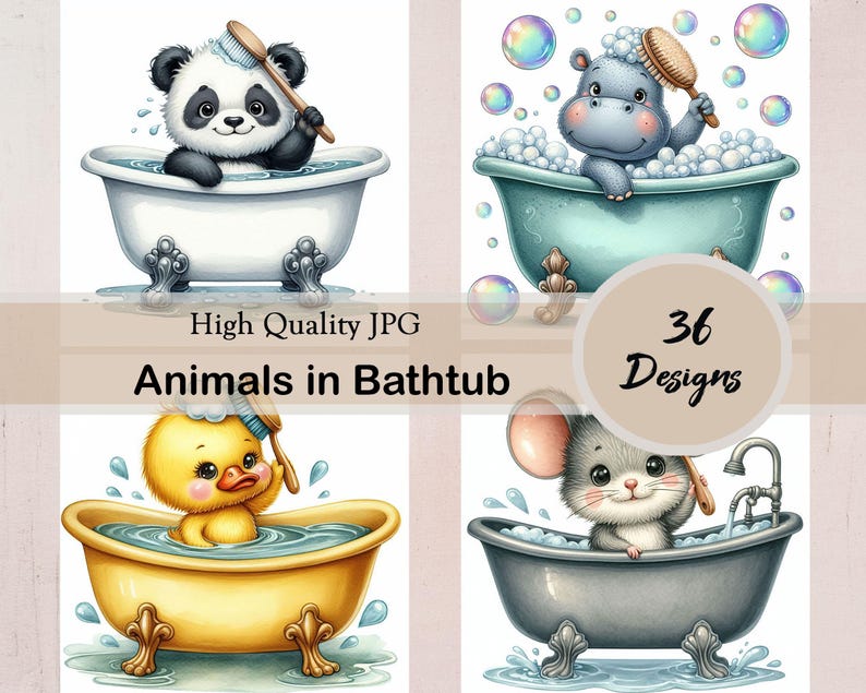 Bathtube Animals, 36 JPG Images, Bubble Bath Animals, Nursery, Wall Art ...
