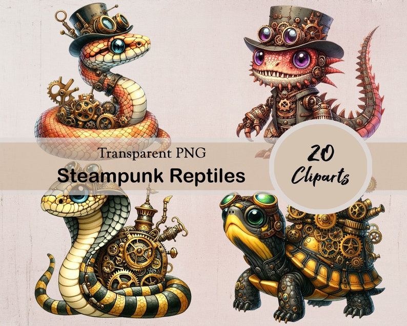 Steampunk Reptiles, 20 PNG Cliparts, Steampunk, Animals, Printable ...