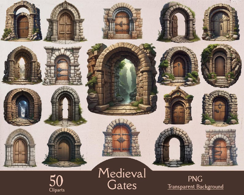 Medieval Gates, 50 PNG Cliparts, Fantasy Wooden Doors, Dungeon Entrance ...