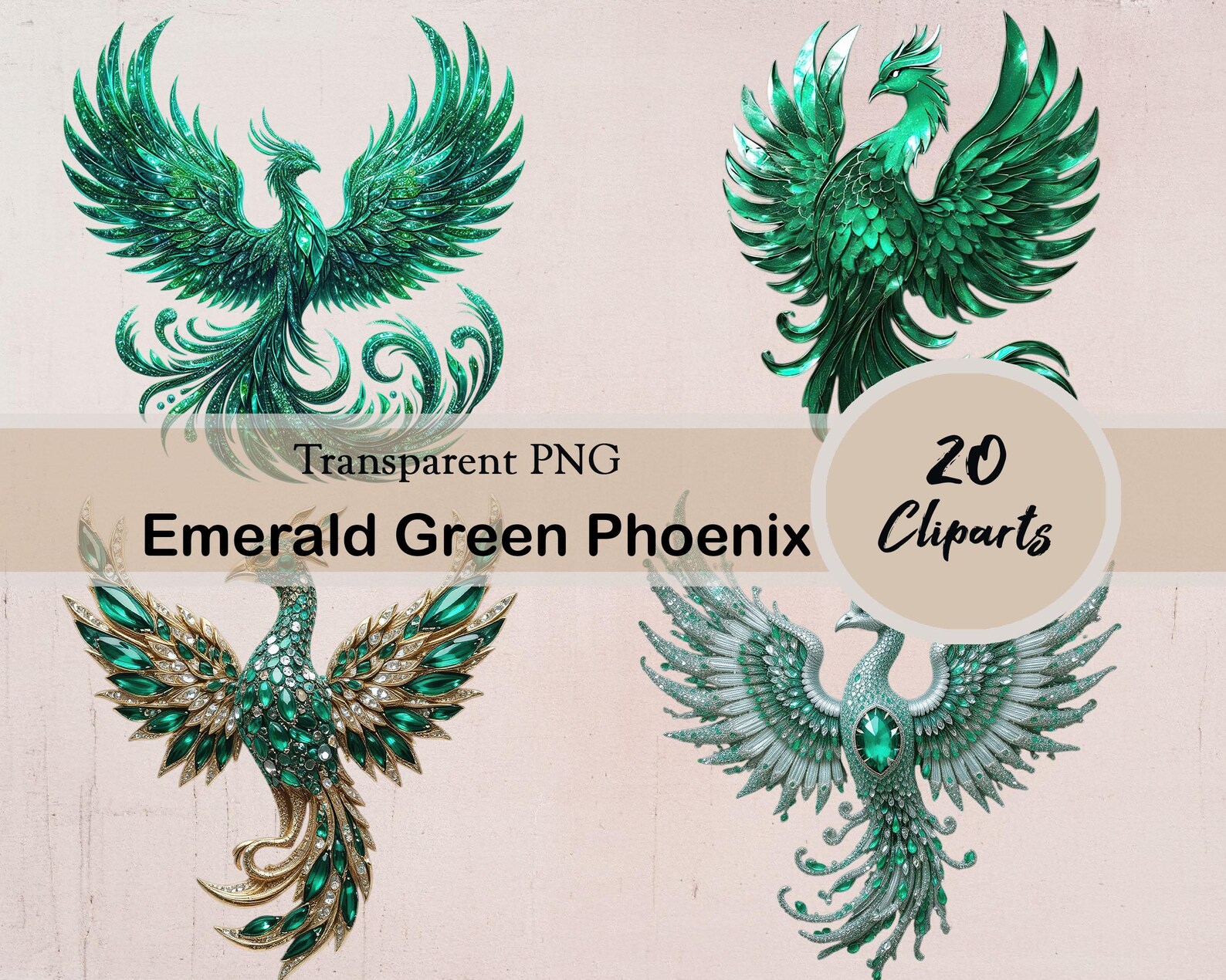 Emerald Green Sparkling Phoenix Clipart, Glitter Legendary Phoenix, 20 ...