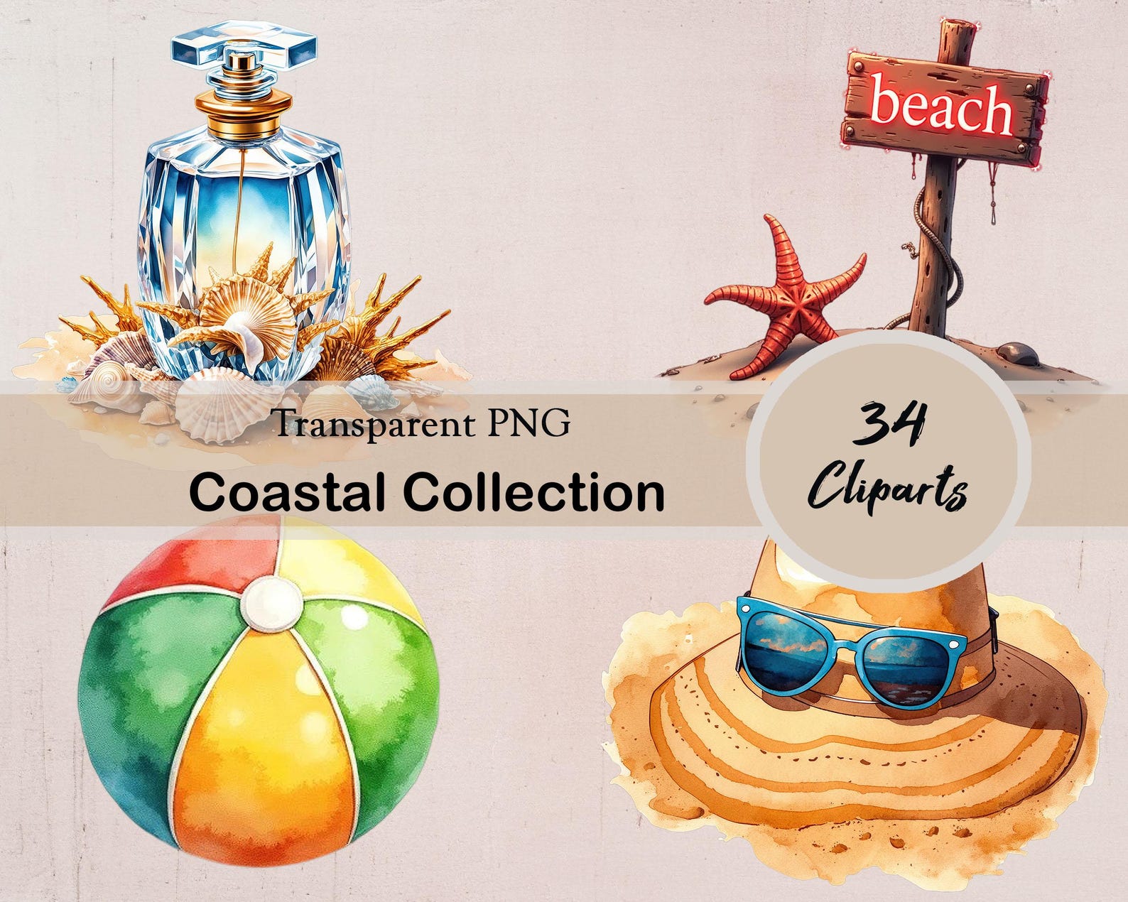 Watercolor Coastal Clipart Collection, 34 PNG Cliparts, Summer Clipart ...