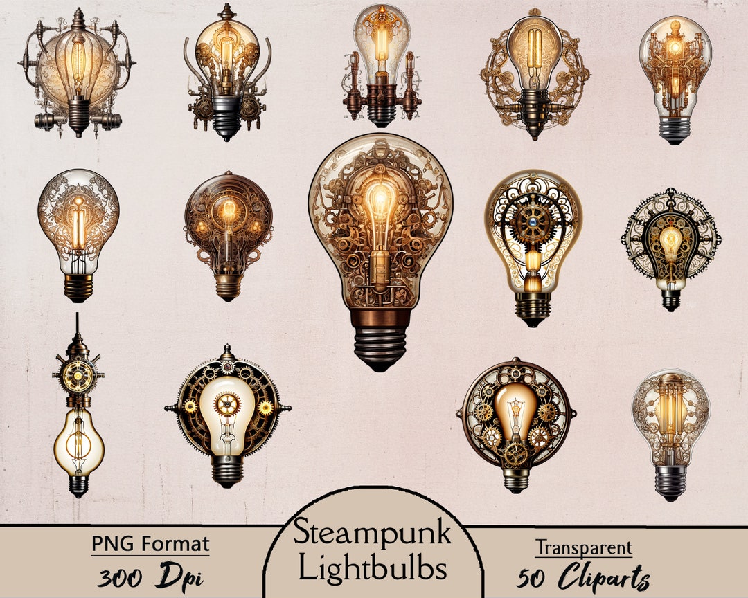 Steampunk Lightbulbs, 50 PNG Cliparts, Steampunk Style, Bulb Clipart ...