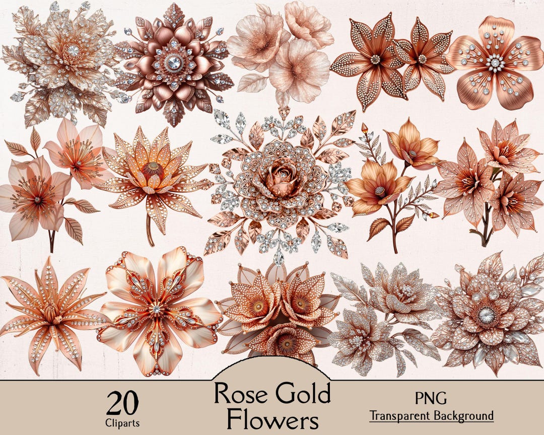 Rose Gold Sparkling Flower Clipart Set With Glitter Floral Elements ...