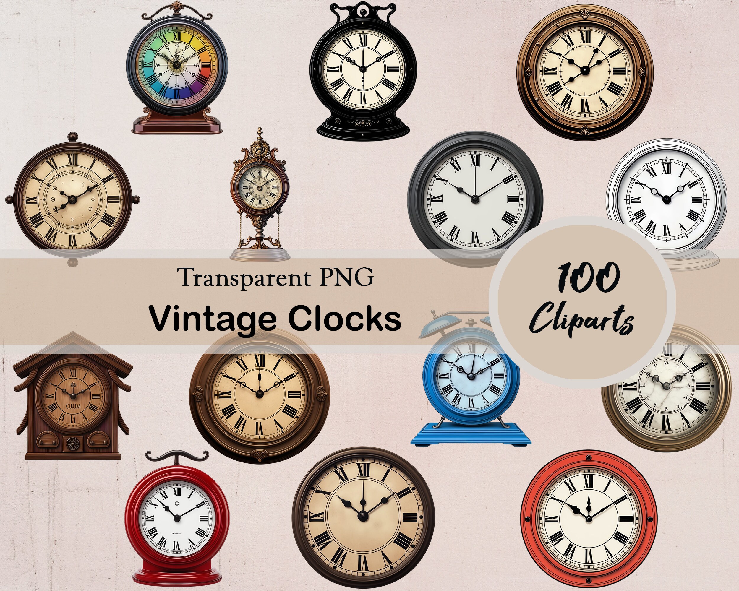 Vintage Clocks, 100 PNG Cliparts, Wall Clocks, Clocks, Retro, Old ...