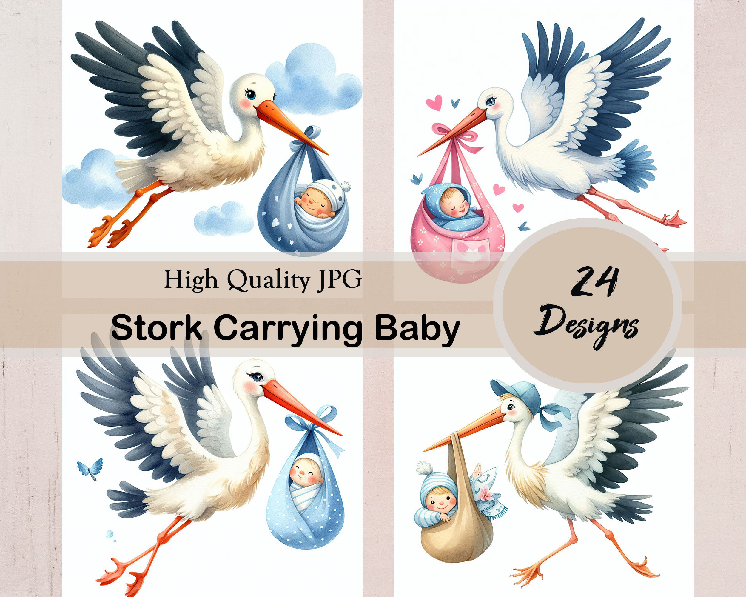 Stork Carrying Baby, 24 JPG, Clipart, Adorable Baby, Clipart Bundle ...