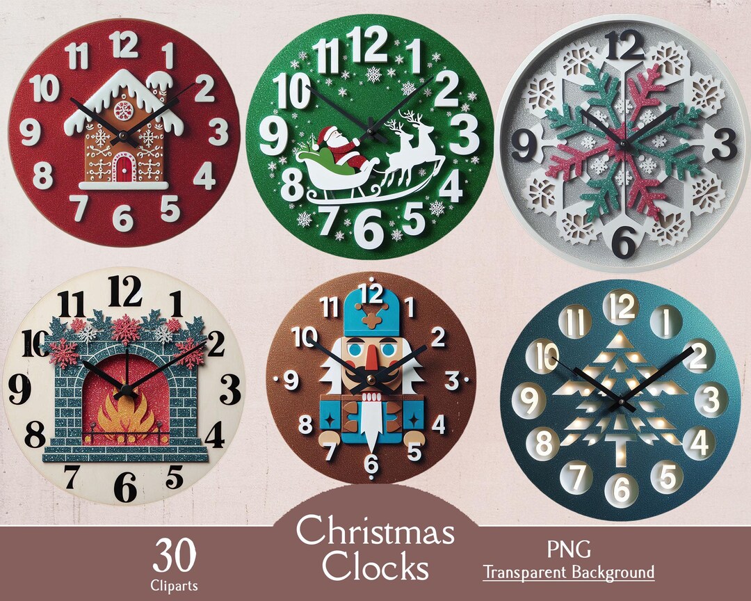 Christmas Clocks, 30 PNG Cliparts, Wall Clocks, Table Clocks, Digital ...