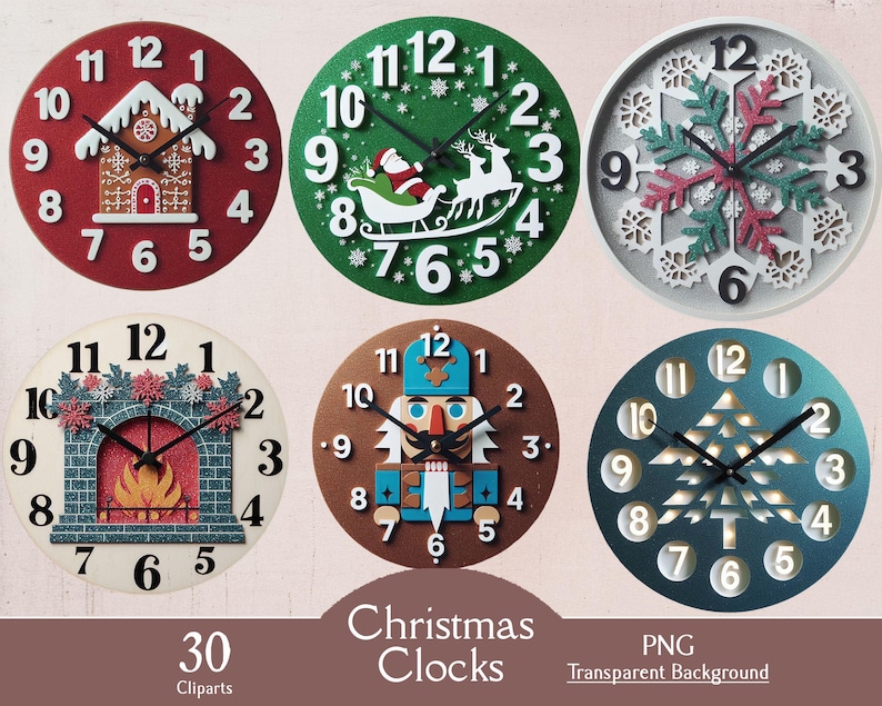 Christmas Clocks, 30 PNG Cliparts, Wall Clocks, Table Clocks, Digital ...