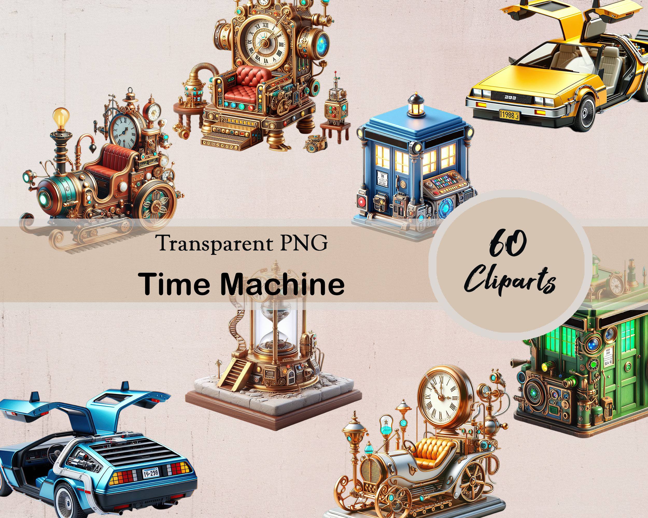 Time Machine, 60 PNG Cliparts, Time Travel, Fantasy, Past, Future, Time ...