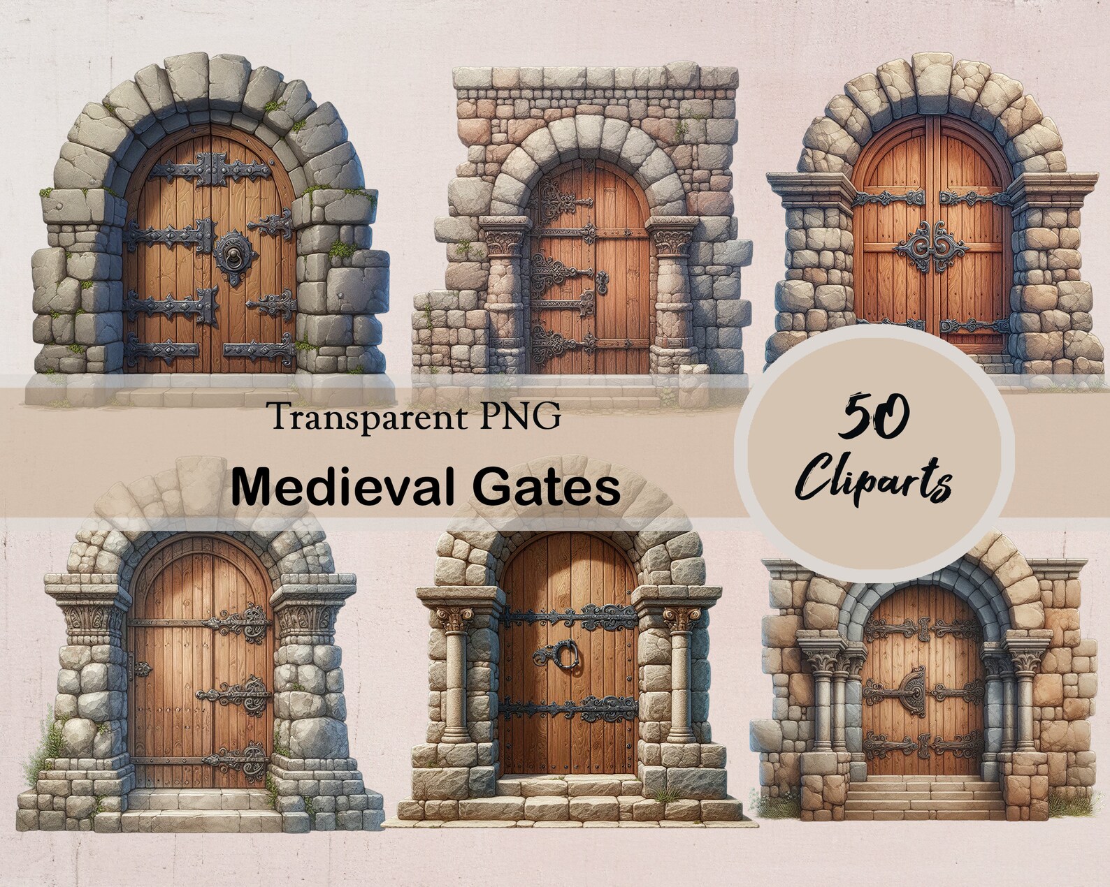 Medieval Gates, 50 PNG Cliparts, Fantasy Wooden Doors, Dungeon Entrance ...