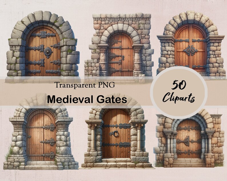 Medieval Gates, 50 PNG Cliparts, Fantasy Wooden Doors, Dungeon Entrance ...