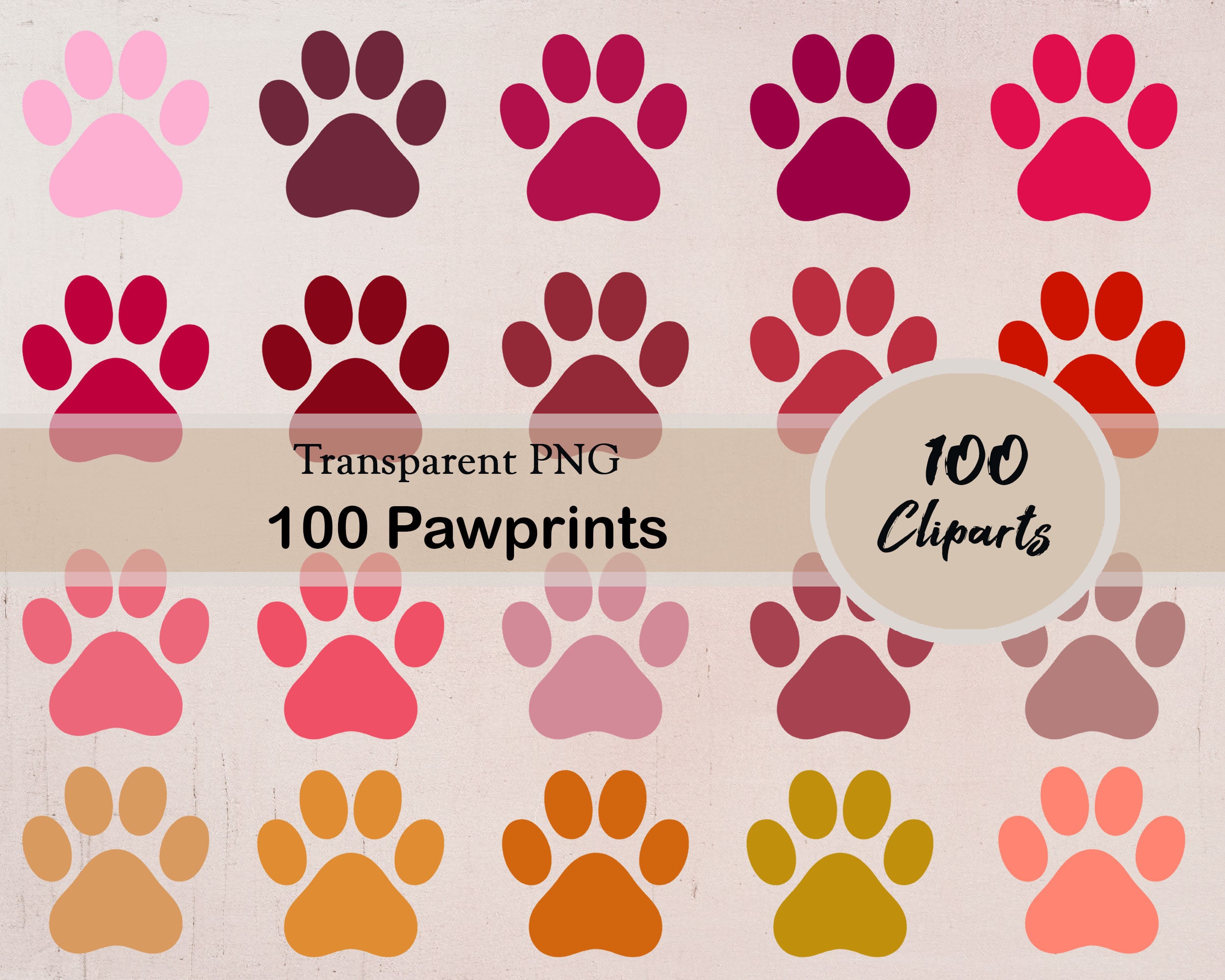 100 Pawprints, 100 Colors Pawprint, 100 PNG Cliparts, Digital Download ...