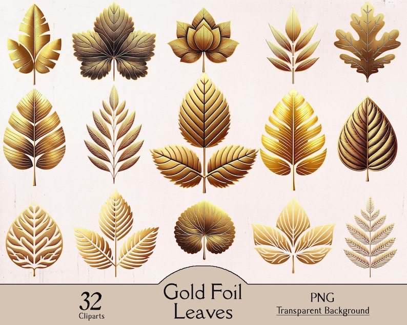 Gold Foil Leaves, 32 PNG Cliparts, Gold Leaves, Palm Leaf, Pine Tree ...