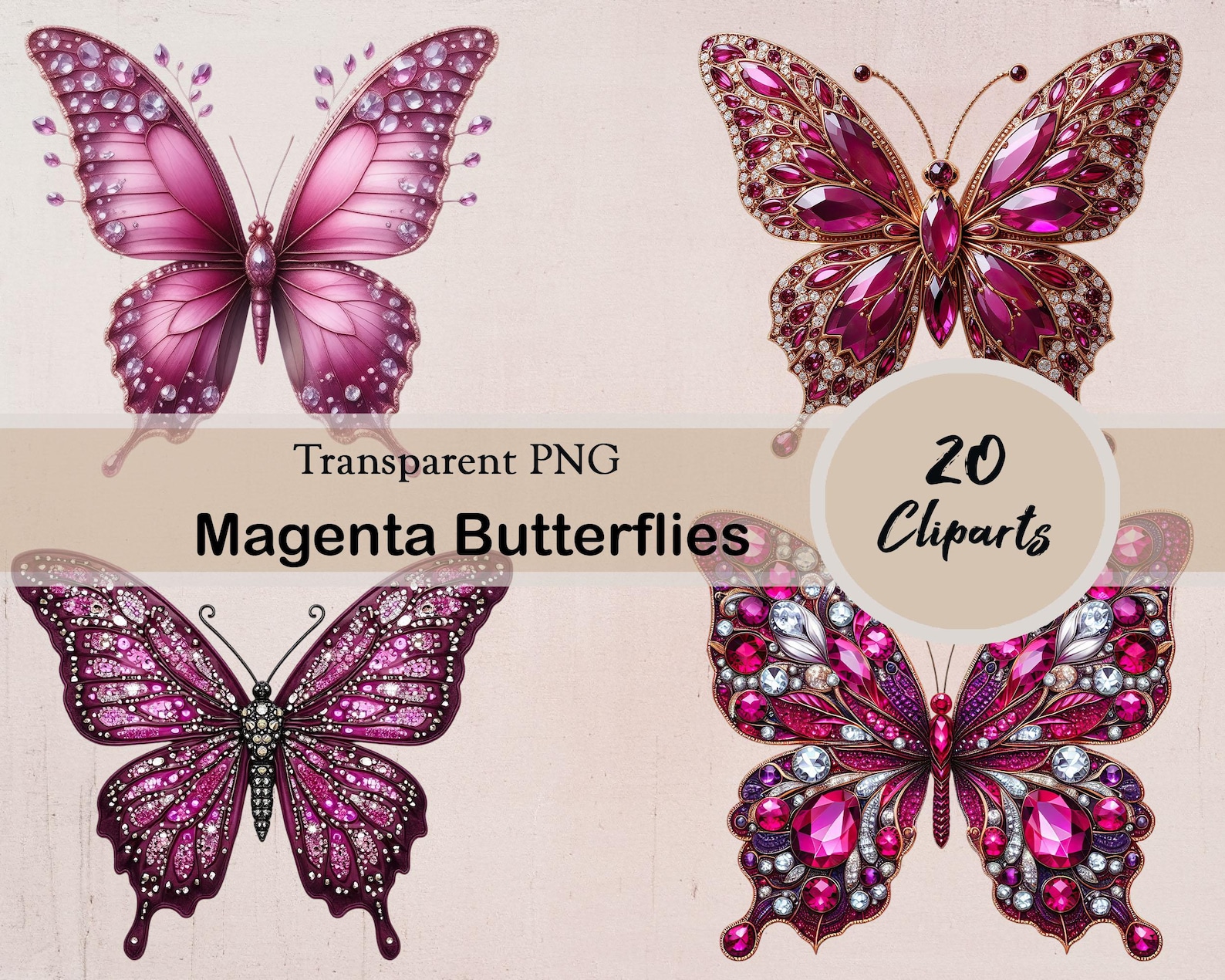 Magenta Sparkling Butterfly, Purple Glitter Butterfly, 20 PNG Cliparts ...