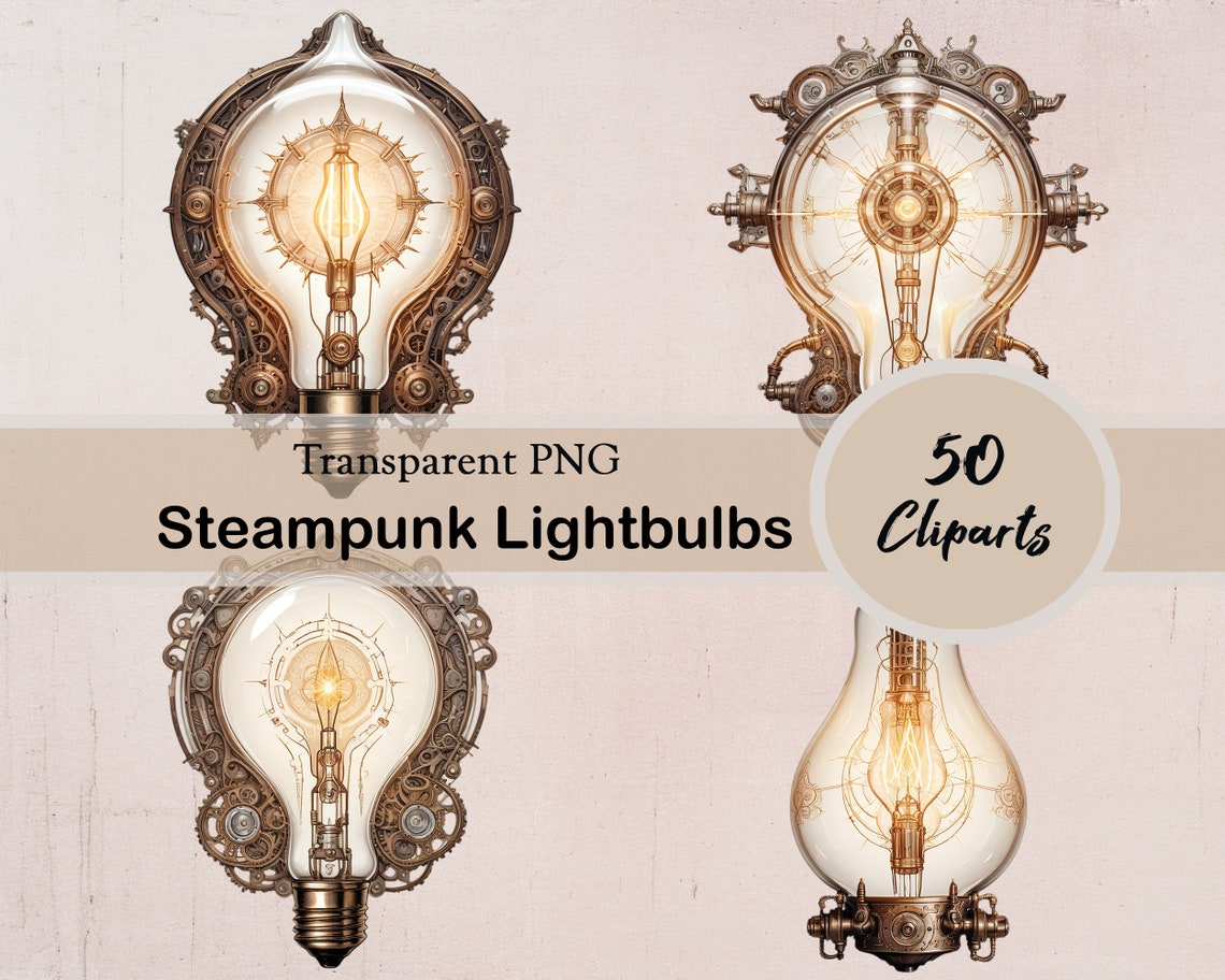 Steampunk Lightbulbs, 50 PNG Cliparts, Steampunk Style, Bulb Clipart ...