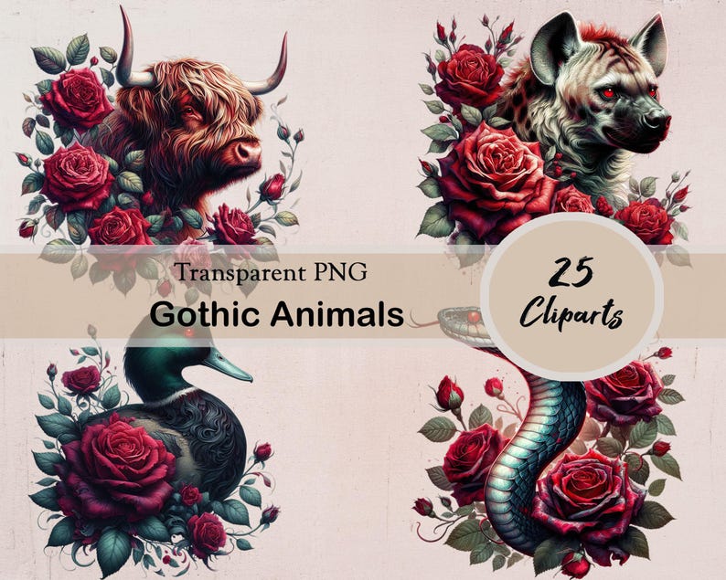 Gothic Animals, 25 PNG Cliparts, Watercolor Animals, Watercolor Gothic ...