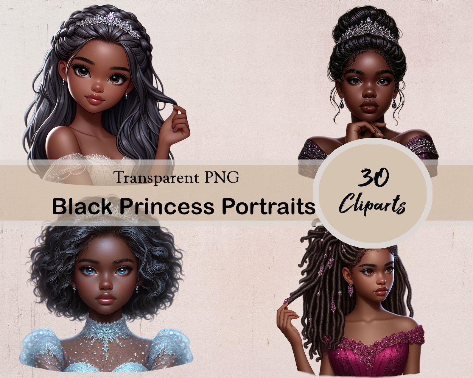 Black Princess Portraits Clipart Bundle, 30 PNG Cliparts, African ...
