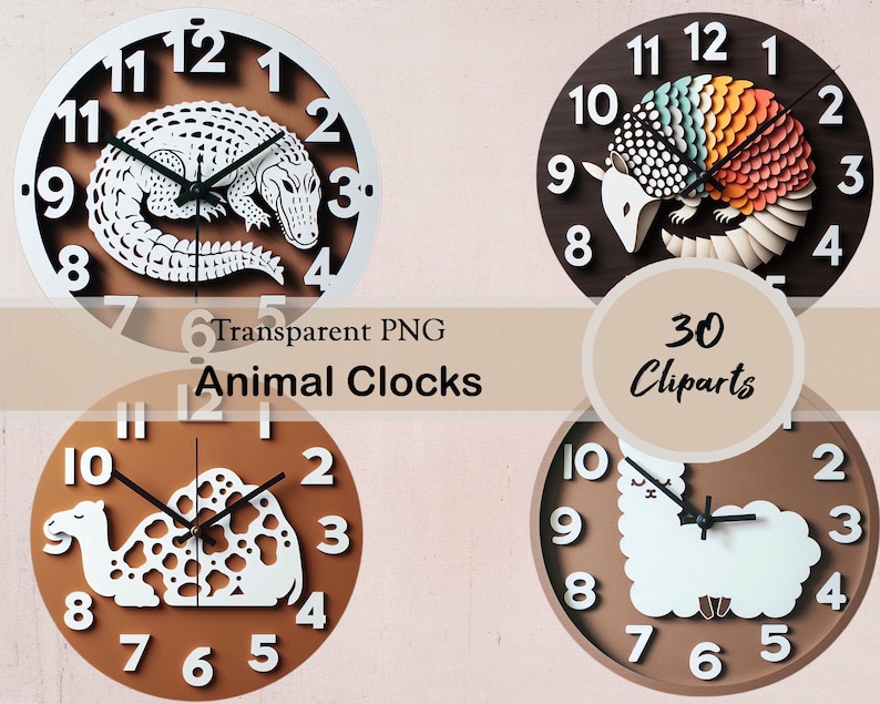 Animal Clocks, 30 PNG Cliparts, Wall Clock, Wall Decoration, Kids Room ...