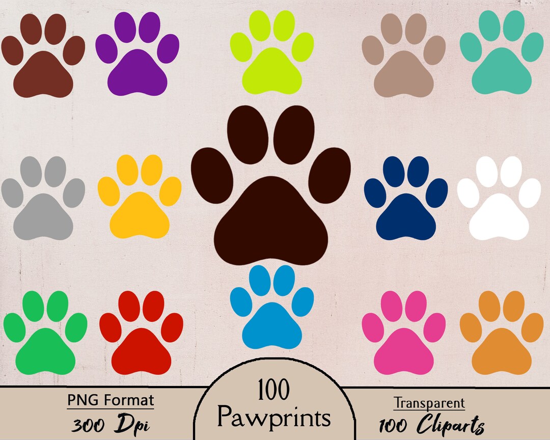 100 Pawprints, 100 Colors Pawprint, 100 PNG Cliparts, Digital Download ...