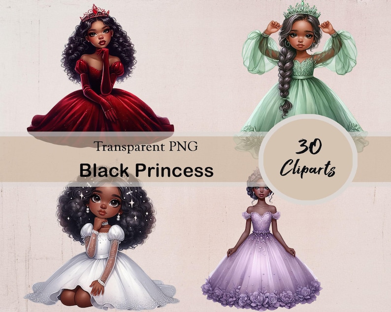 Cute Black Princess Girl Clipart Bundle, 30 PNG Cliparts, African ...