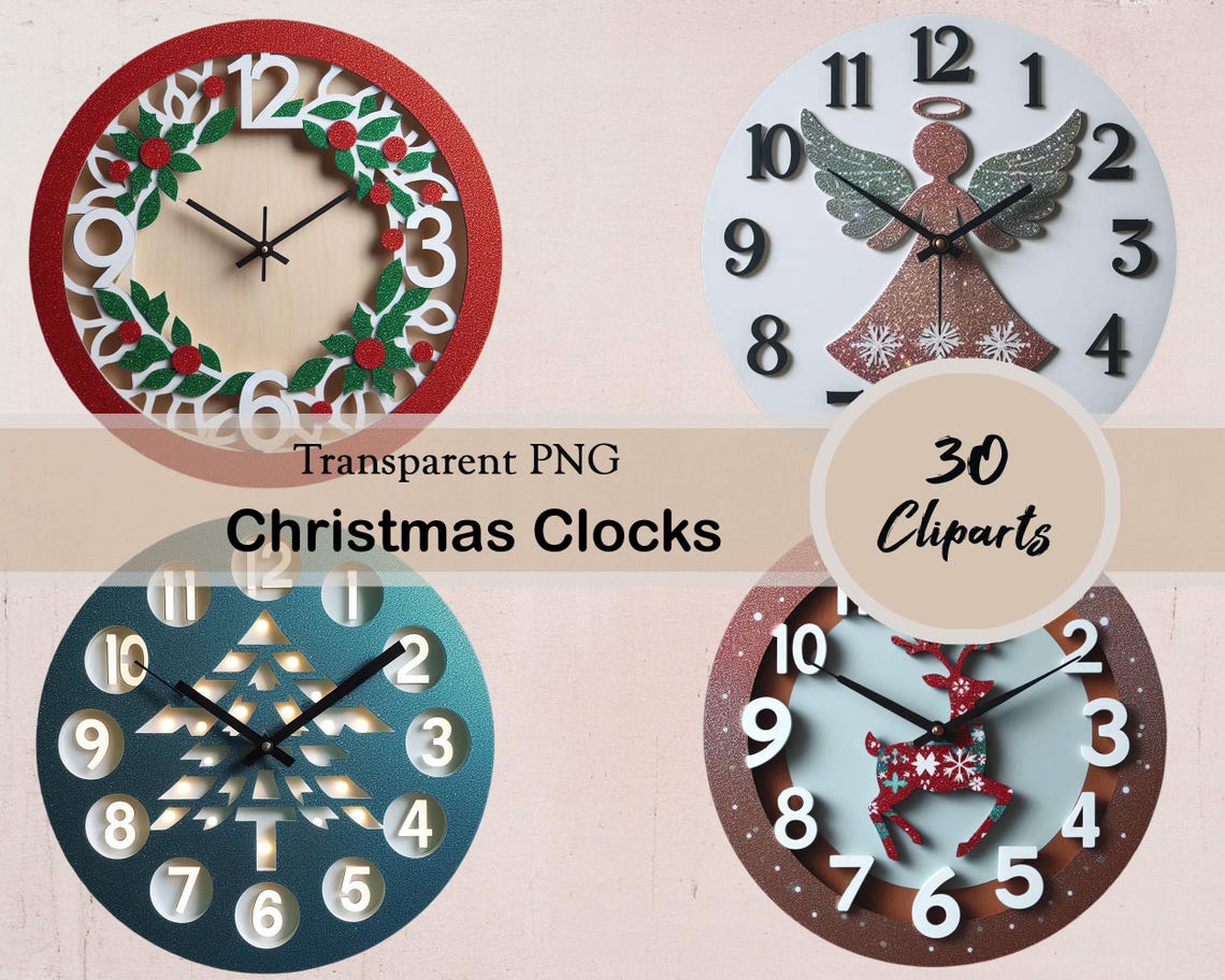 Christmas Clocks, 30 PNG Cliparts, Wall Clocks, Table Clocks, Digital ...