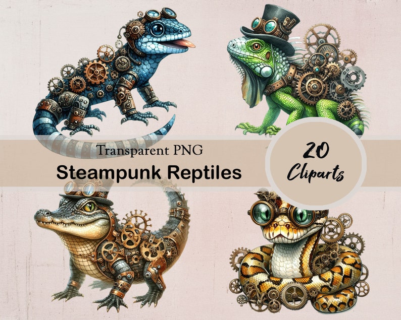 Steampunk Reptiles, 20 PNG Cliparts, Steampunk, Animals, Printable, Digital, Download, Junk ...
