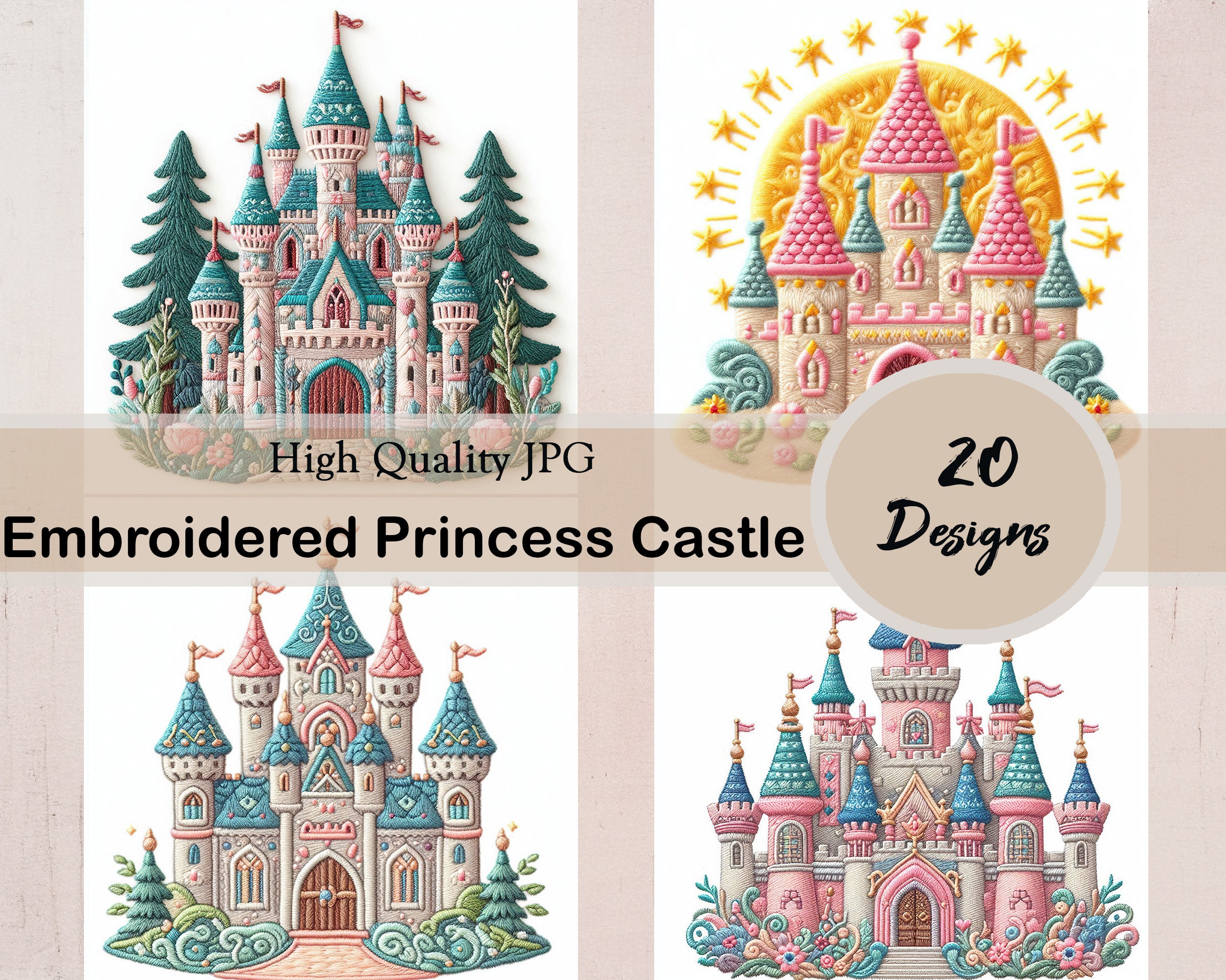 Embroidered Princess Castle, 20 JPG Images, Embroidery, Castle, Kingdom ...