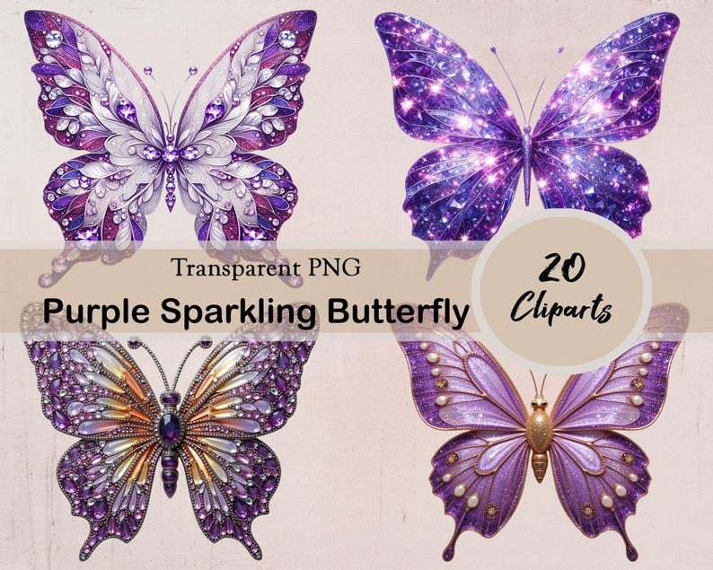 Purple Sparkling Butterfly, Glitter Butterfly, 20 PNG Cliparts ...