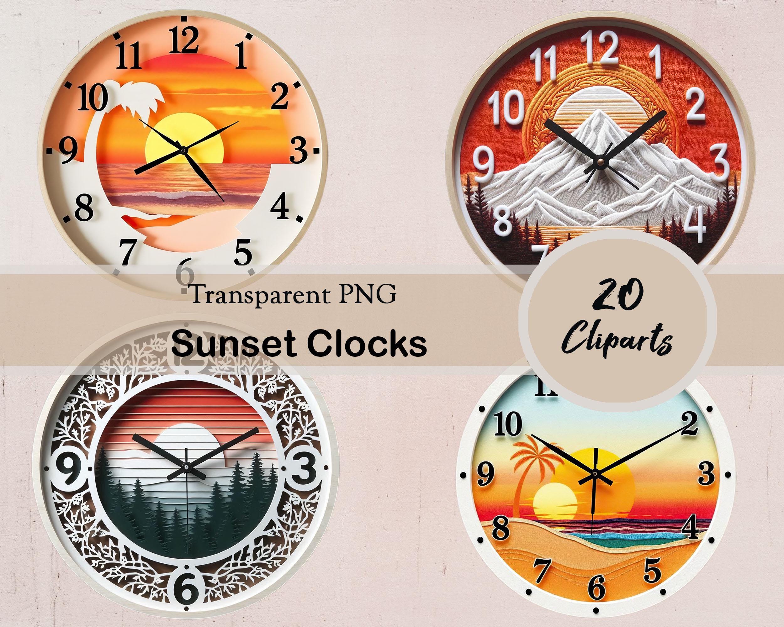 Sunset Clocks, 20 PNG Cliparts, Wall Clock, Wall Decoration, Landscape, Forest, Mountain,digital ...