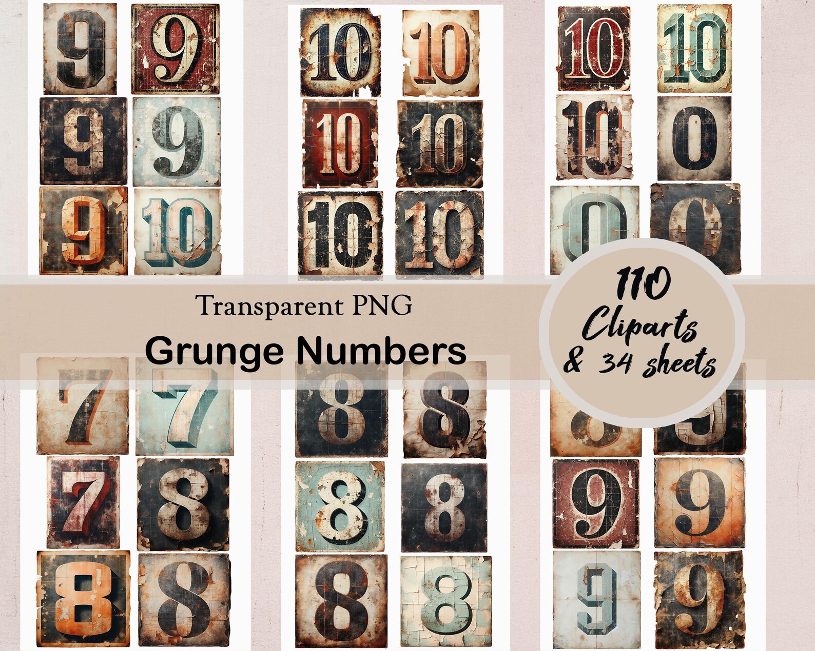 Grunge Numbers, Vintage Labels, 110 PNG Cliparts, Printable Sheets ...