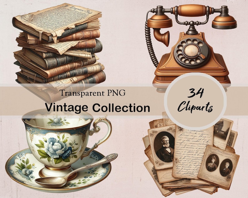 Vintage Collection Clipart, 34 PNG Cliparts With Transparent Background ...