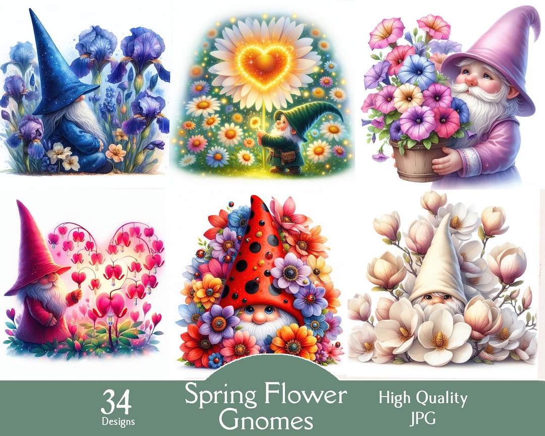 Spring Flower Gnome Clipart, Whimsical Floral Gnome, 34 JPG Images ...