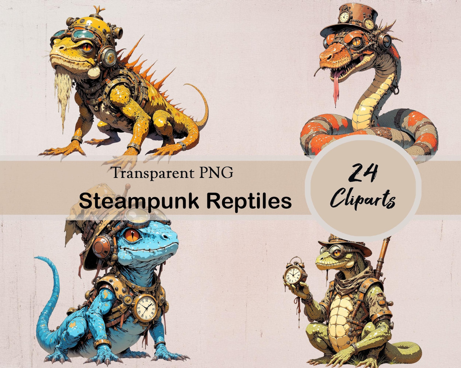 Watercolor Steampunk Reptiles Clipart Bundle, 24 PNG Cliparts, Digital ...