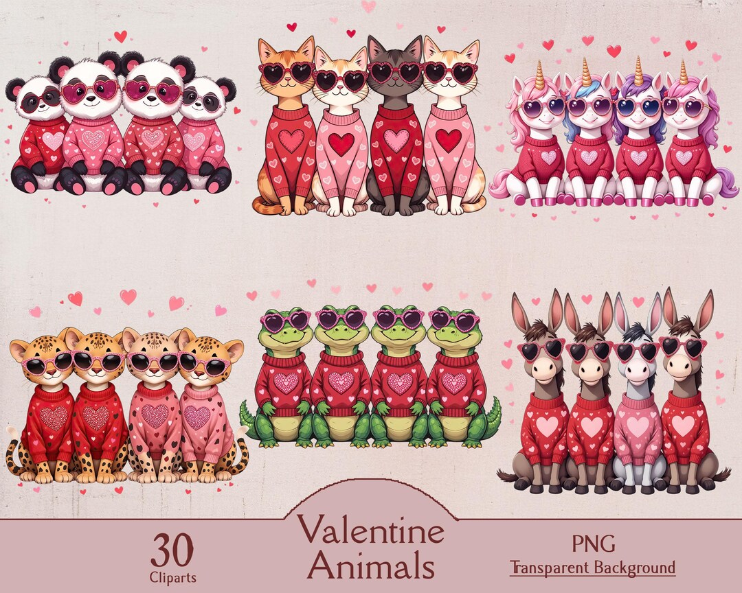 Valentine Animals, 30 PNG Clipart, Heart Animals, Valentine Sublimation ...
