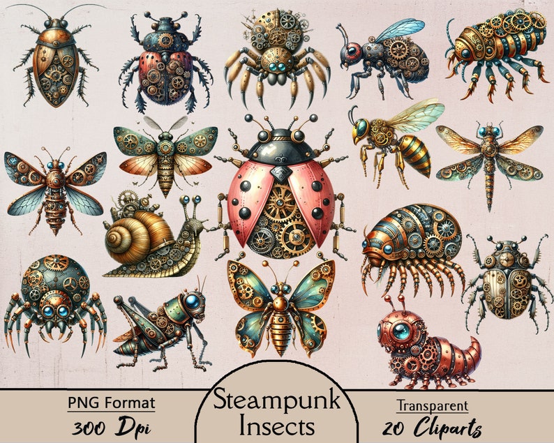 Steampunk Insects, 20 PNG Cliparts, Steampunk, Insect, Printable ...