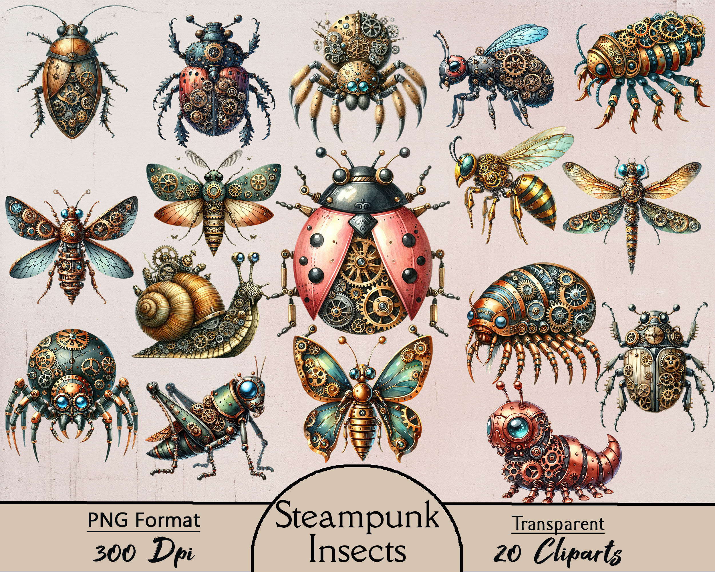 Steampunk Insects, 20 PNG Cliparts, Steampunk, Insect, Printable ...