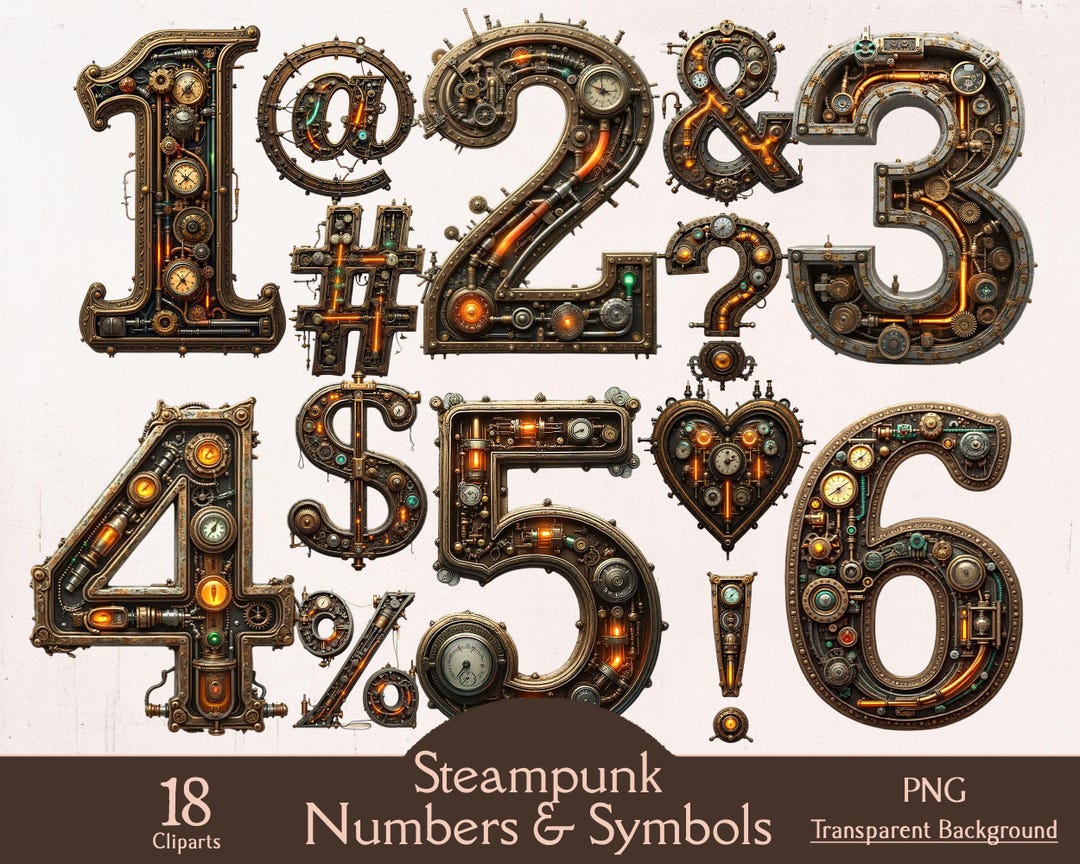 Steampunk Numbers and Symbols Clipart, Fantasy Letters and Numbers, 18 PNG Cliparts, Fantasy ...