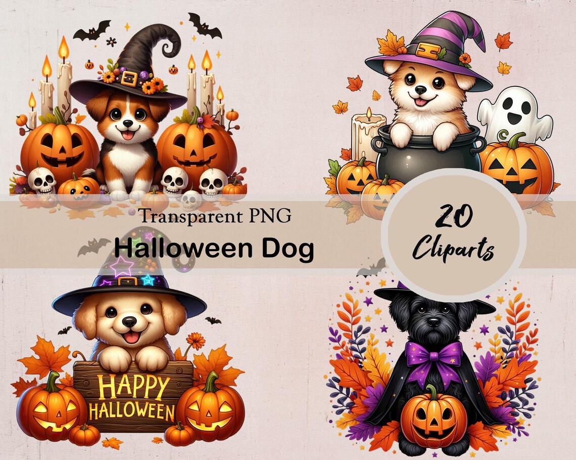 Halloween Dog, 20 PNG Cliparts, Cute Halloween Animals, Cute Dog ...